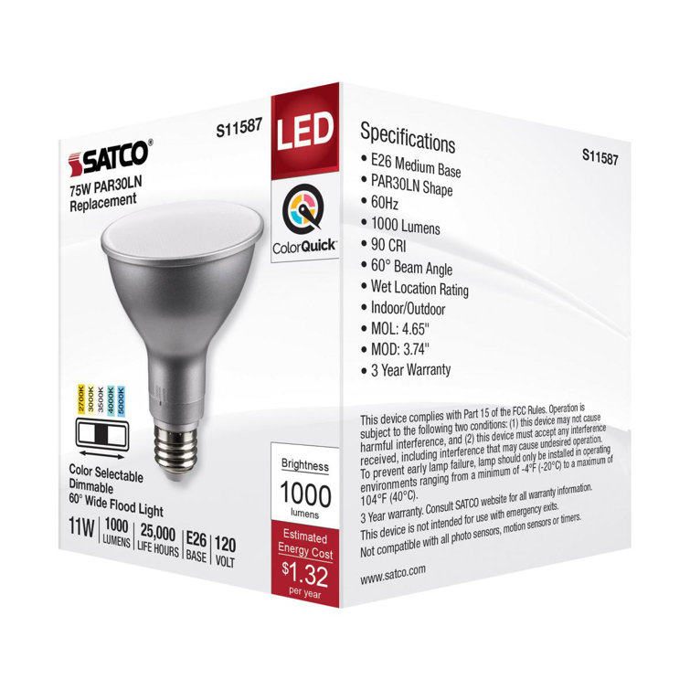 Satco 75 Watt Equivalent PAR30LN E26/Medium (Standard) Dimmable LED Bulb - Wayfair Canada